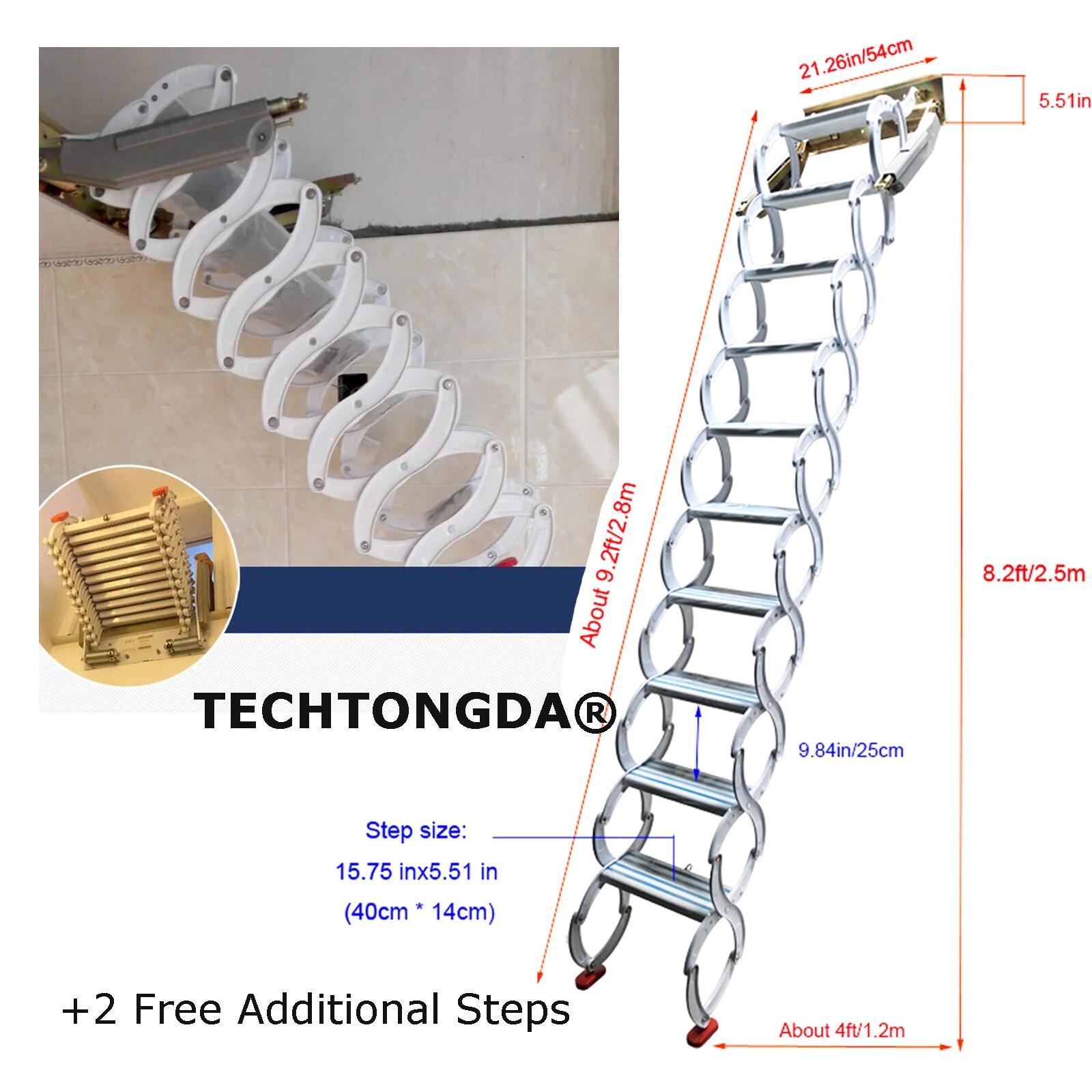 10+2 Steps 8.2Ft White Wall Mounted Folding Loft Up-down Ladder Stairs ...
