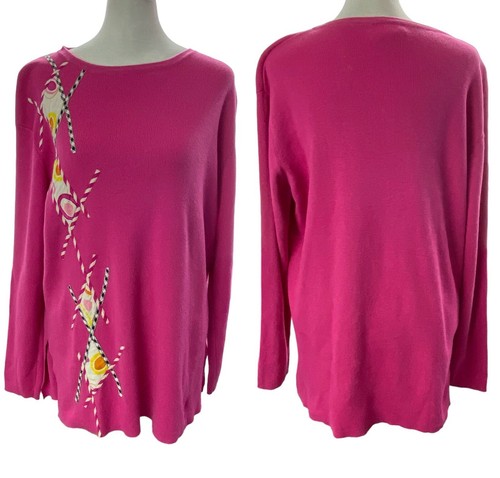 KOOS Of Course Women Sweater Size M Pink Ramie Silk Geometric Applique ...
