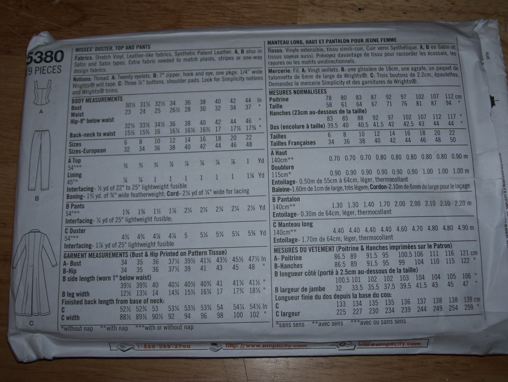 SIMPLICITY #5380-LADIES or MENS MATRIX TOP-PANTS & DUSTER (COAT ...
