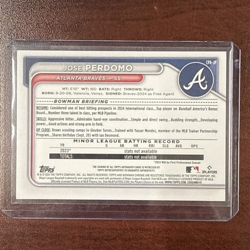 Jose Perdomo 2024 Bowman Chrome 1st Prospects Base Auto #CPA-JP Braves ...