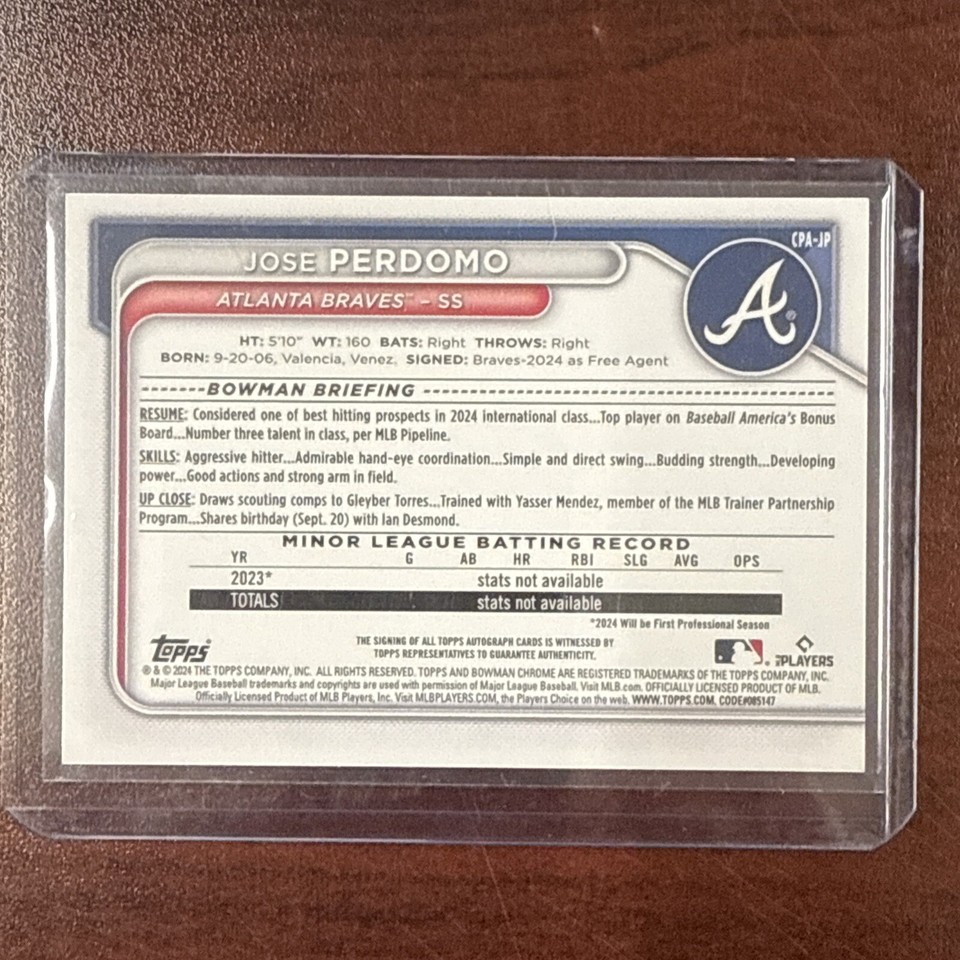 Jose Perdomo 2024 Bowman Chrome 1st Prospects Base Auto #CPA-JP Braves ...