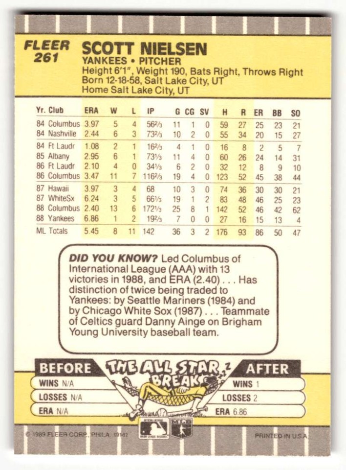 1989 Fleer #261 Scott Nielsen New York Yankees Baseball Cards NM Nea ID ...