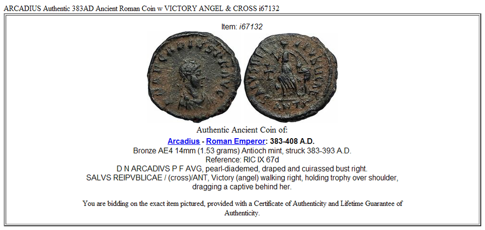 ARCADIUS Authentic 383AD Ancient Roman Coin w VICTORY ANGEL & CROSS ...