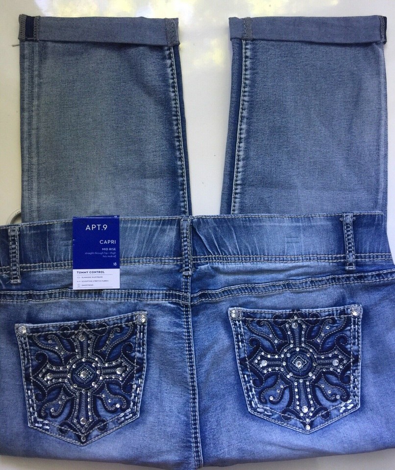 Womens Apt9 Embellished Tummy Control Waist Bling Capris Jean Size 8 12 ...