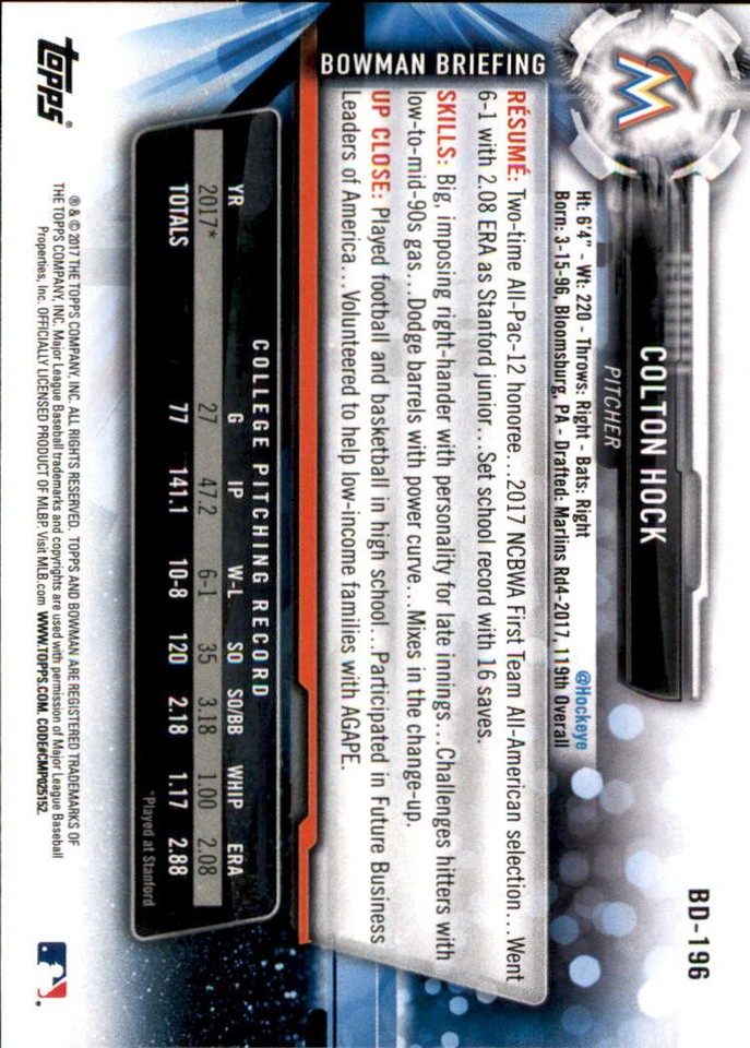 2017 Bowman Draft Baseball #BD-196 Colton Hock | eBay