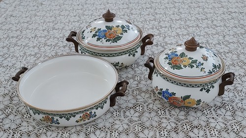 Vintage ASTA German Floral Enamelware Cookware Set With Brass Handles 5 ...