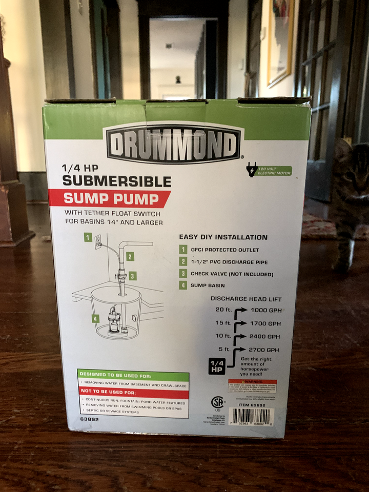Drummond 1/4HP 3000 gal/hr Max Flow Submersible Sump Pump NEW ...