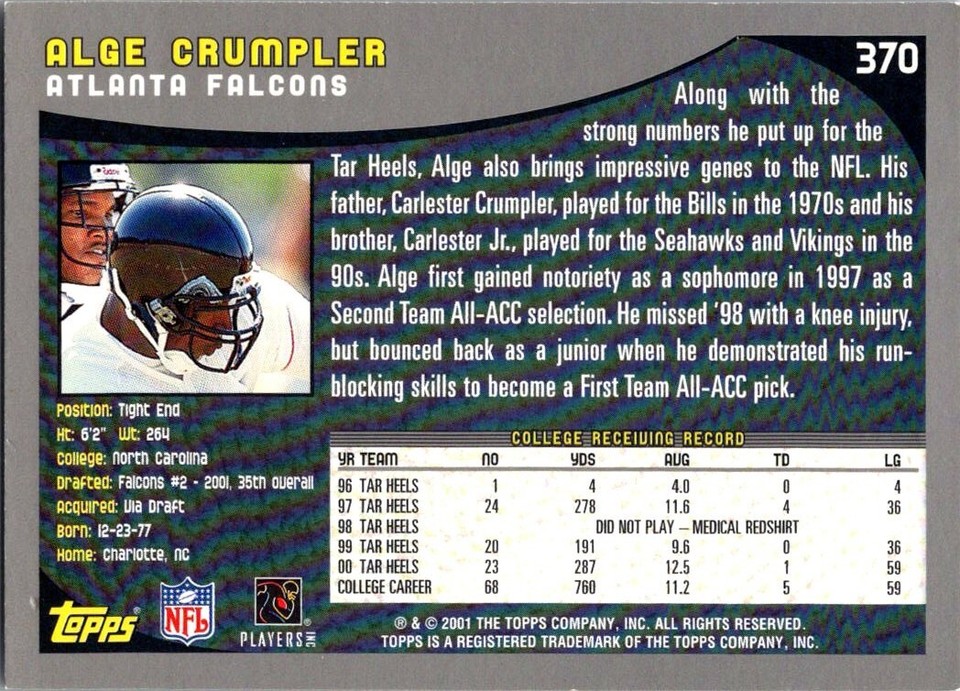 2001 Topps Alge Crumpler #370 Atlanta Falcons ROOKIE RC | eBay