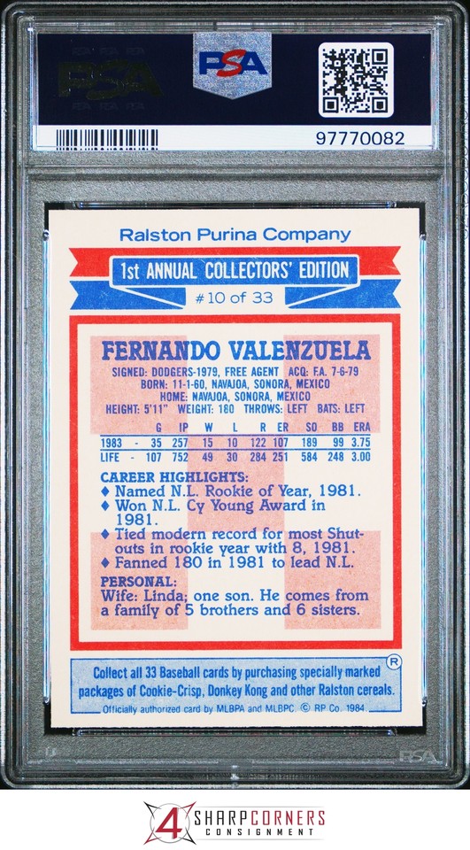 1984 RALSTON PURINA HAND CUT #10 FERNANDO VALENZUELA PSA 10 B4158744 ...