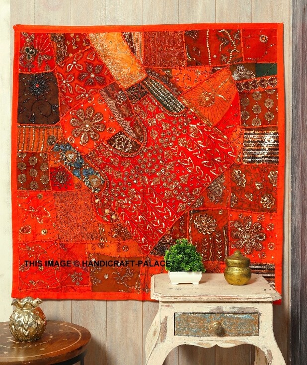 40" Indian Vintage Beaded Sequins Tapestry Square Embroidered Wall ...