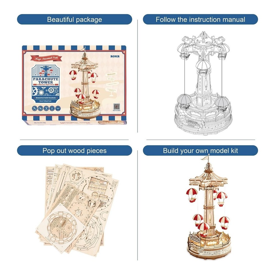 ROKR Parachute Tower DIY Music Box Wooden 3D Mechanical Model Kit ...