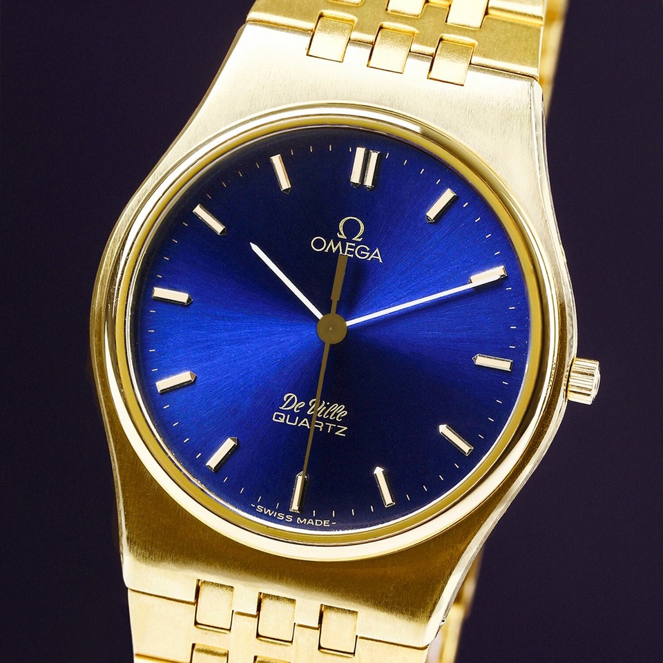 'Authentic' OMEGA DE VILLE QUARTZ 18K-GP BLUE SUNRAY DIAL MEN'S WATCH ...