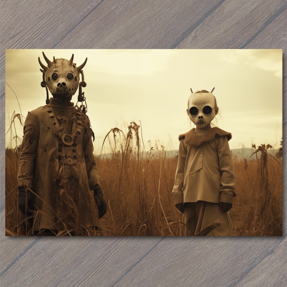 POSTCARD Weird Creepy Vibe Field Spiked Masks Apocalypse Cult Strange ...