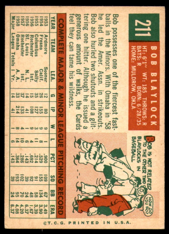 1959 Topps #211 Bob Blaylock Excellent+ RC Rookie Cardinals ID:207844 | eBay