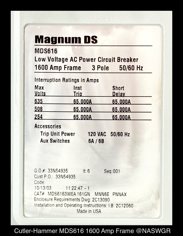 Cutler Hammer Magnum DS MDS616 Breaker (M/O,D/O) ~ 1600 Amp -Tested/1Yr ...