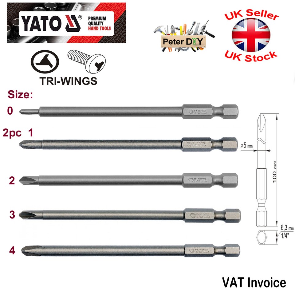 Yato Professional TRI WING Triangular Slotted Screwdriver Bits LONG ...