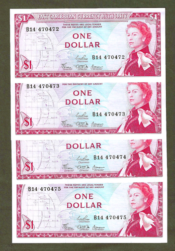 EAST CARIBBEAN - $1 DOLLAR (1965) - P-13b ~ ONE NOTE OF 4 CONSECUTIVE ...