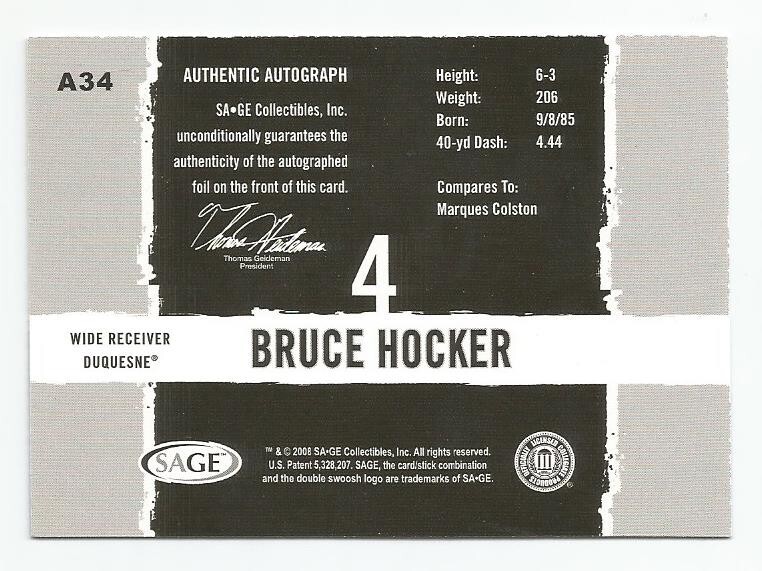 2008 Sage Hit Autograph Bruce Hocker Duquesne Dukes Tampa Bay ...