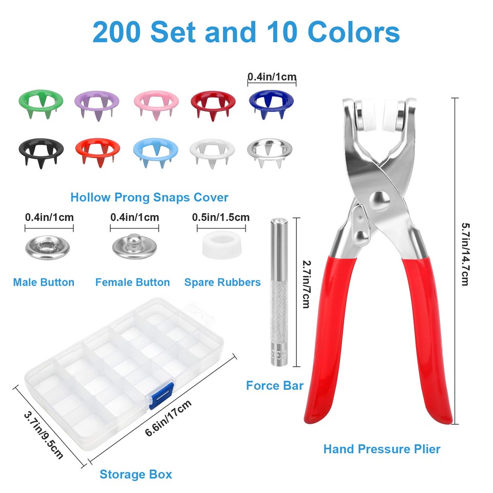 200 Set Snap Button Kit for Clothing Sewing Craft with Fastener Plier ...