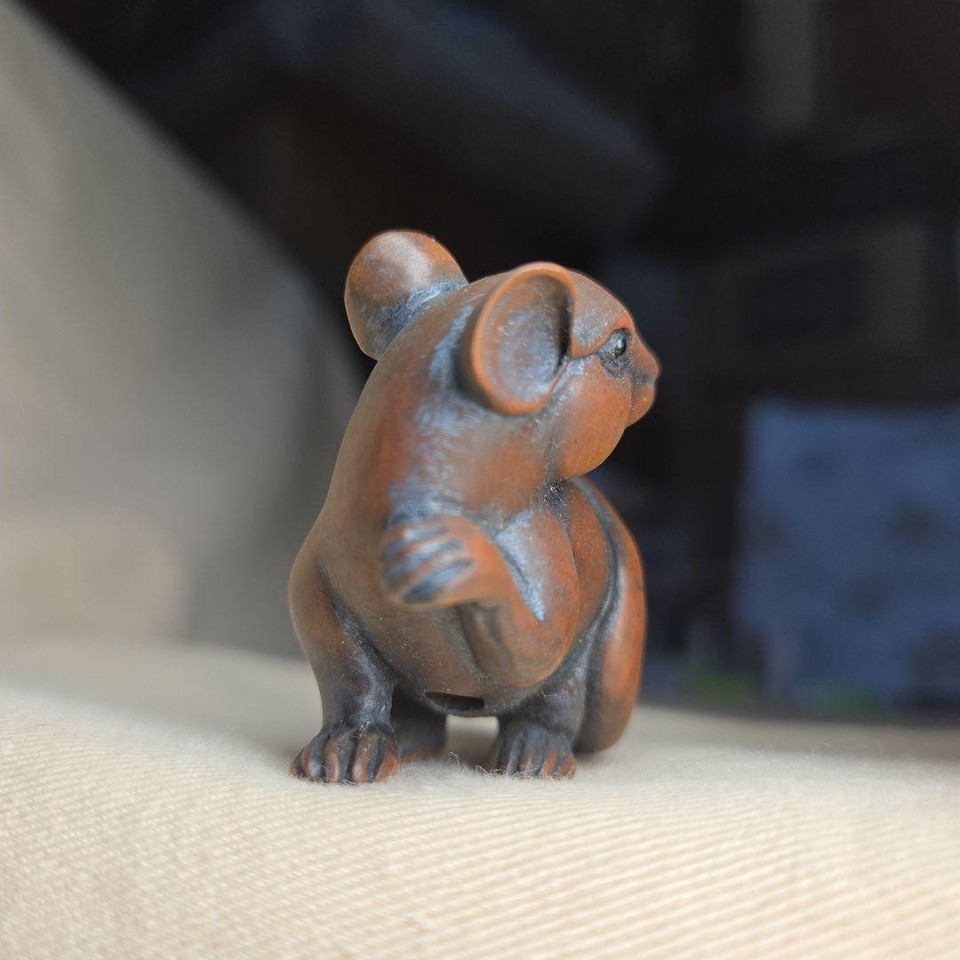 Mouse Netsuke Wood Carving Japanese KIMONO Ojime Wooden 2.1 inch Width ...
