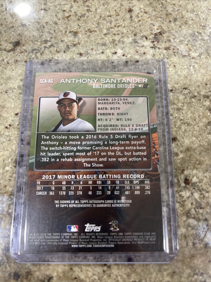 2018 Stadium Club Autographs Anthony Santander RC Auto Baltimore ...
