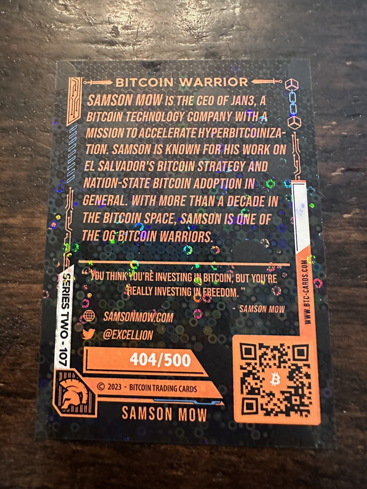 Bitcoin Trading Cards Series 2 S2 Samson Mow #107 holofoil /500 | eBay