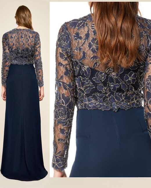 Tadashi Shoji Darya Crepe Tulle Lace Starry Night Navy Gold Dress Gown ...