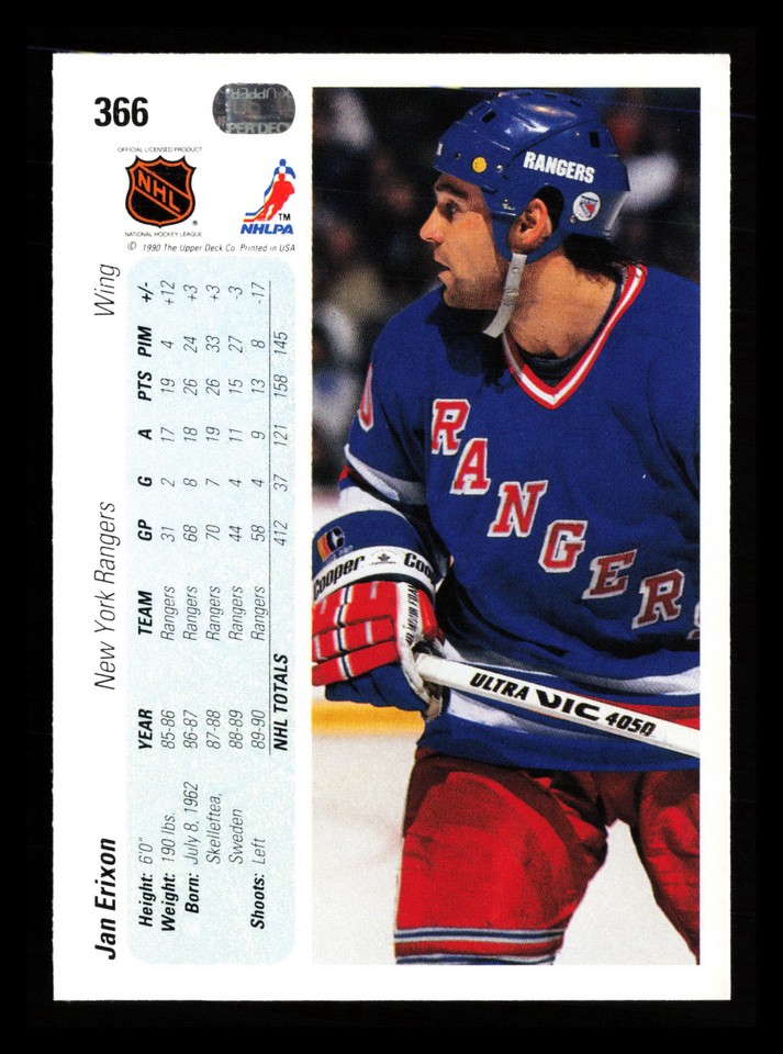 Jan Erixon 1990-91 Upper Deck Hockey NHL #366b New York Rangers | eBay