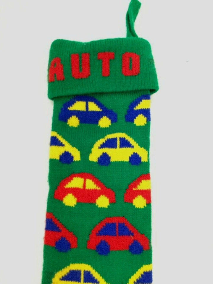 Vintage Knit Christmas Holiday Stocking Auto Cars Green Blue Yellow Red ...