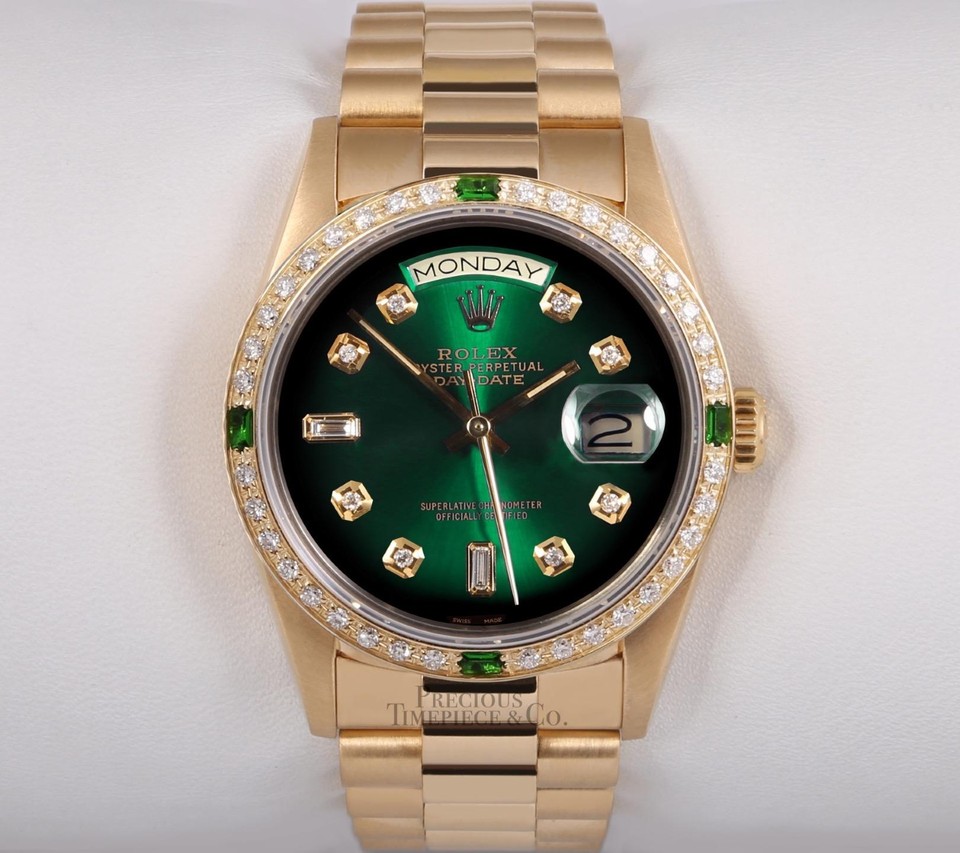 Rolex Day-Date 18038 President 36mm 18k Diamond & Emerald Bezel-Green ...