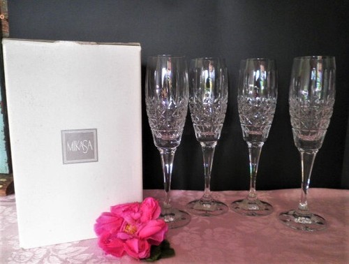 VINTAGE CRYSTAL CHAMPAGNE FLUTES X4 MIKASA ASHBOURNE BOXED UNUSED CZEC ...