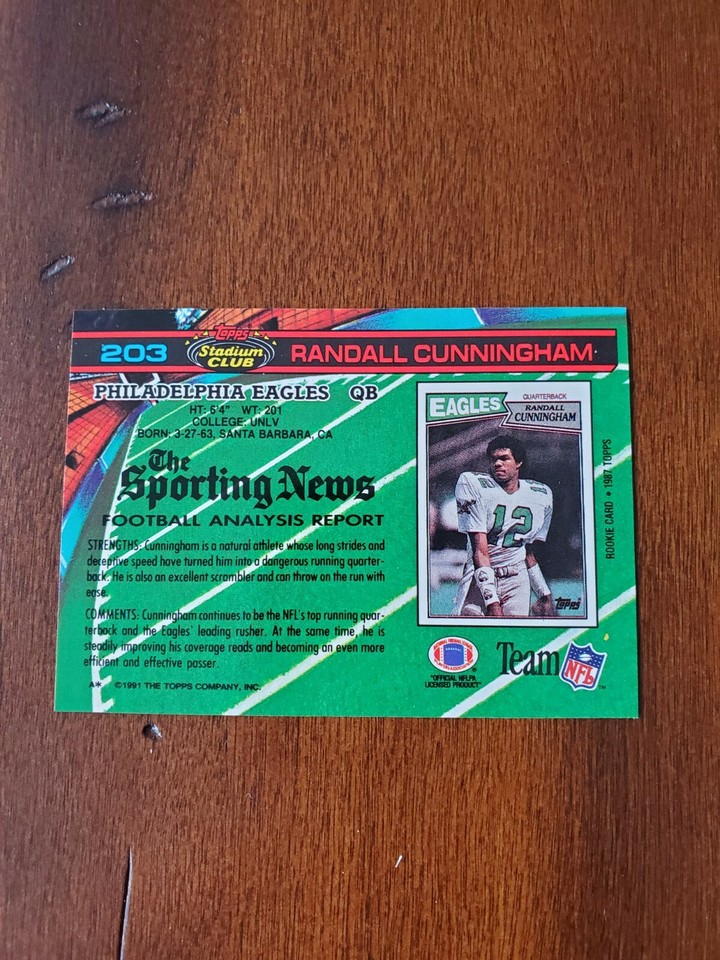1991 Topps Stadium Club Football Card Randall Cunningham Philadelphia ...