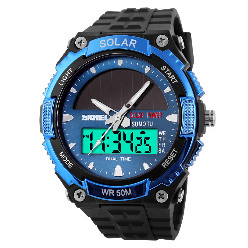 Men's New Solar Watches Digital Dual Time Sport Analog Rubber Quartz ...