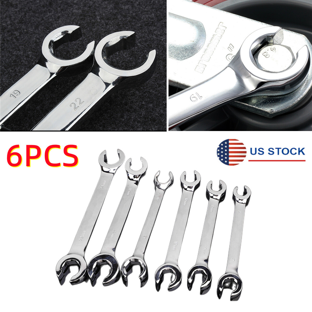 6Pcs 6 Point Chrome Vanadium Steel Metric Flared Nut Spanner Wrench Set ...