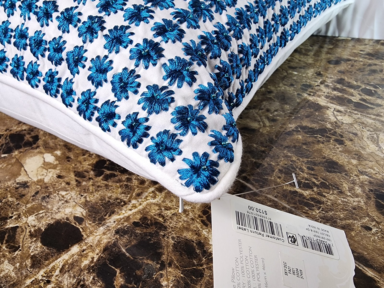 Sky Hailey Blossoms Embroidered Decorative Bed Pillow 18x18" Blue Teal ...