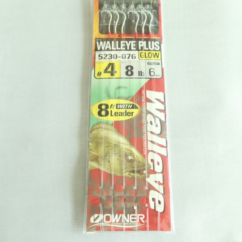 Owner Walleye Plus 8ft Snell Leader Glow Hook Size 4 (1 Package of 6 ...