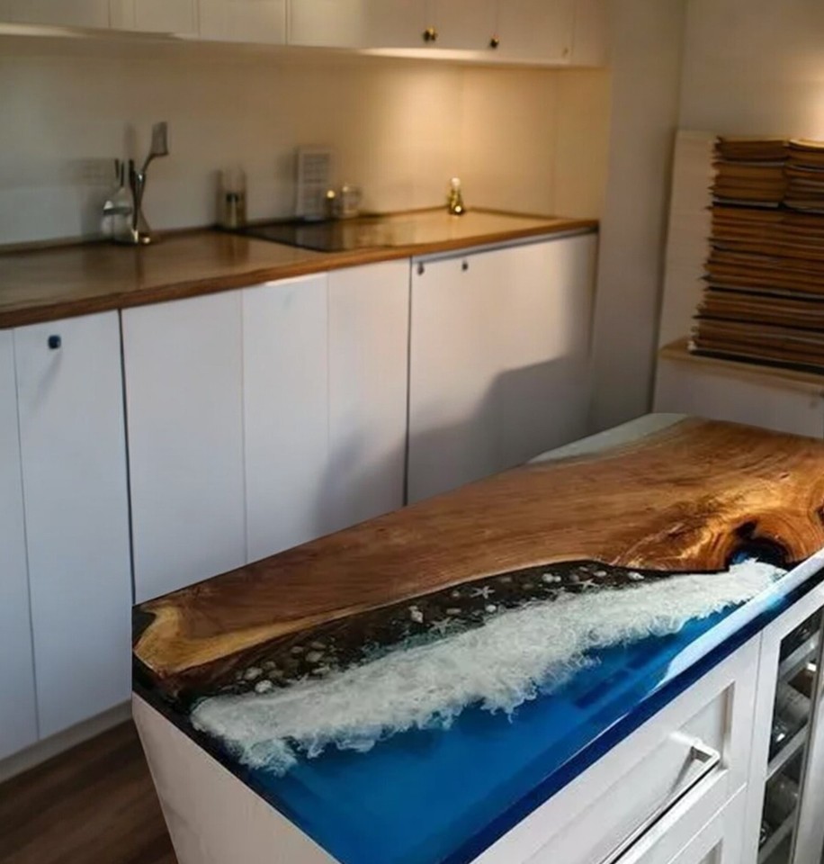 Blue Resin Epoxy Ocean Themed Kitchen Countertop Handmade Wooden Study ...