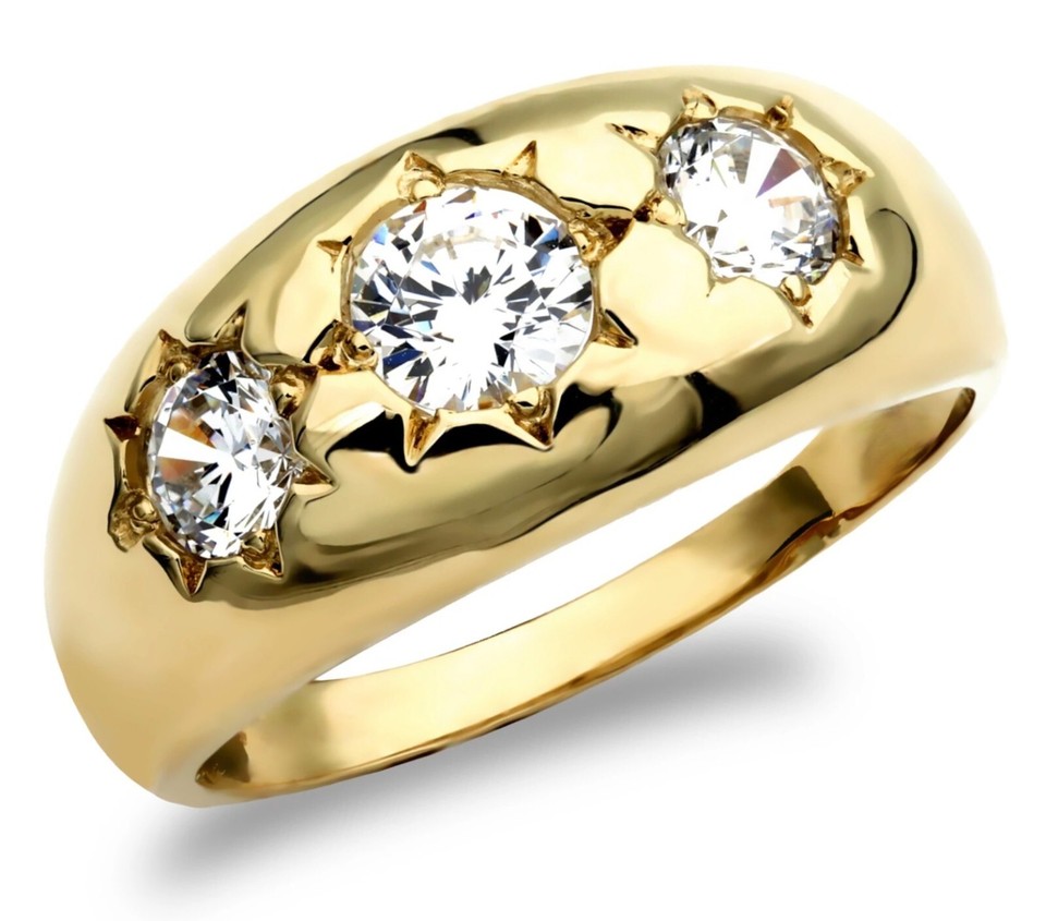 9ct Yellow Gold on Silver 3 Stone Men's Gypsy Ring P to Z + 1 ...