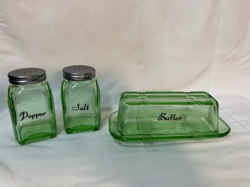 Green Depression Style Glass Covered Butter Dish, Salt & Pepper Vtg ...