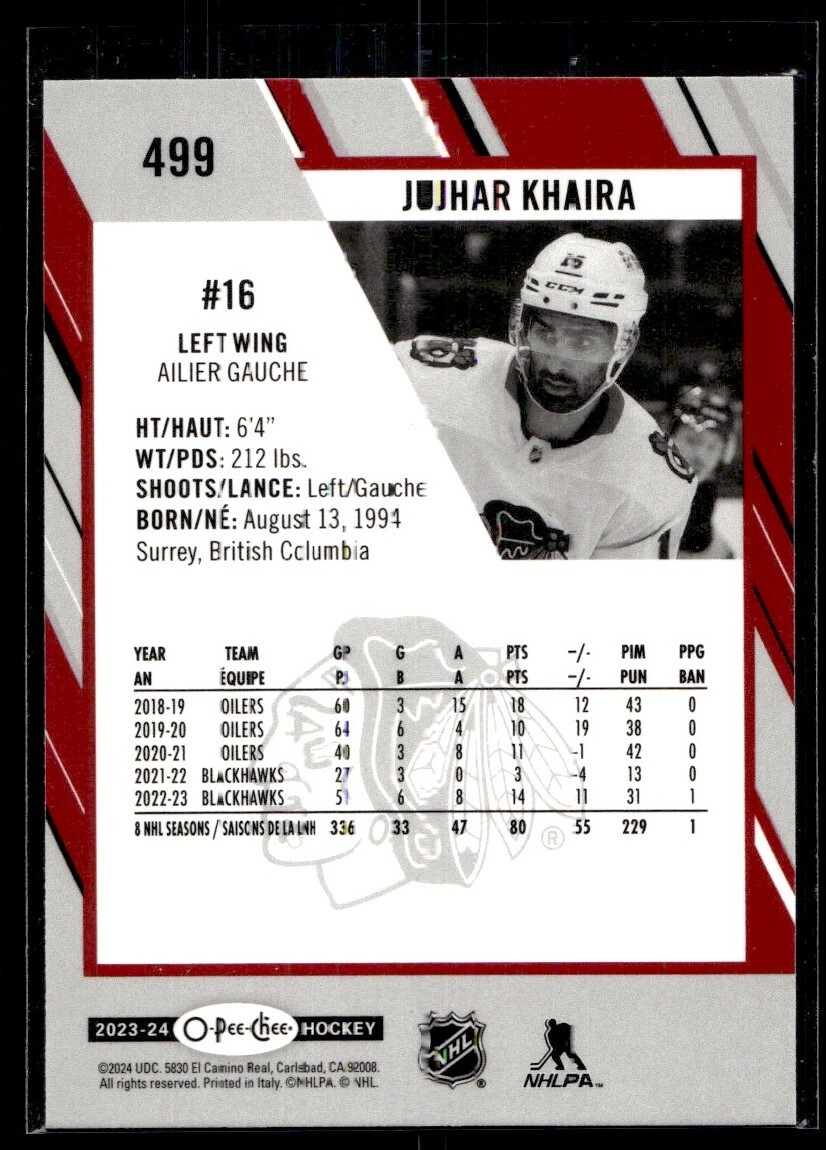 2023-24 O-Pee-Chee Red Border Jujhar Khaira Chicago Blackhawks #499 | eBay