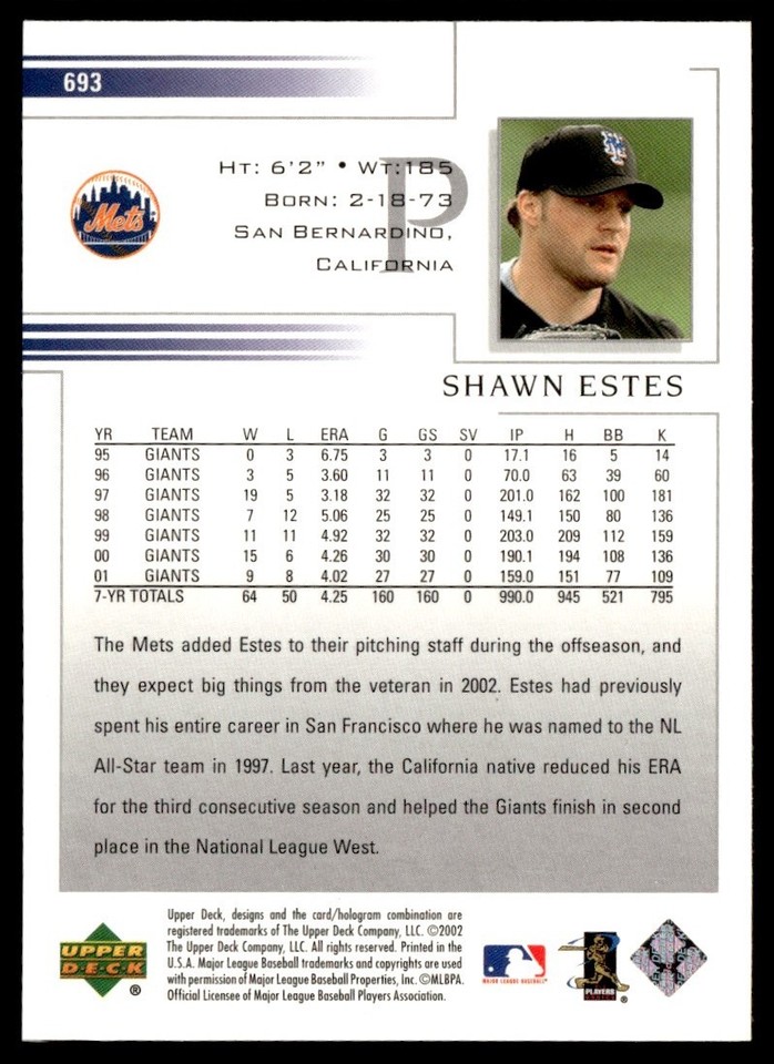 2002 Upper Deck Shawn Estes New York Mets #693 | eBay UK