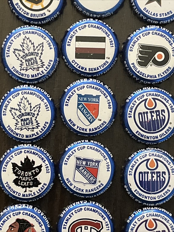 27 NHL Labatt Blue Bottle Caps Assort Teams with Dates they Won The ...