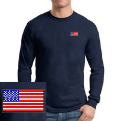 USA American Flag Logo EMBROIDERED Navy Blue Long Sleeve Heavy Cotton T ...