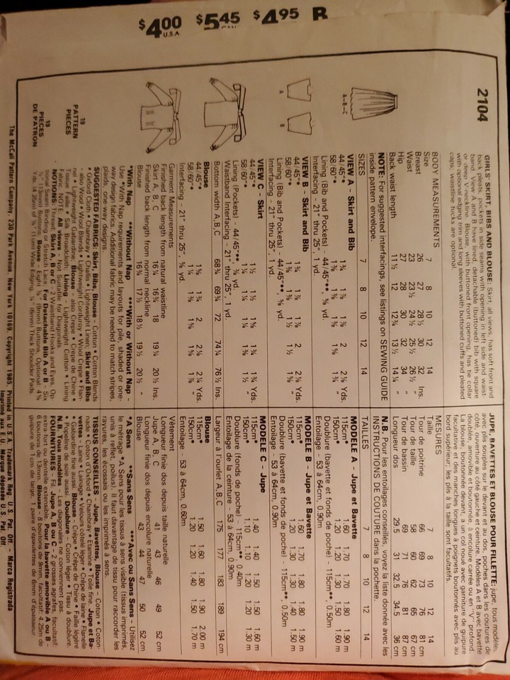 McCall's Sewing Pattern cut 2104 Girl's Skirt, Bibs, and Blouse Size 8 ...