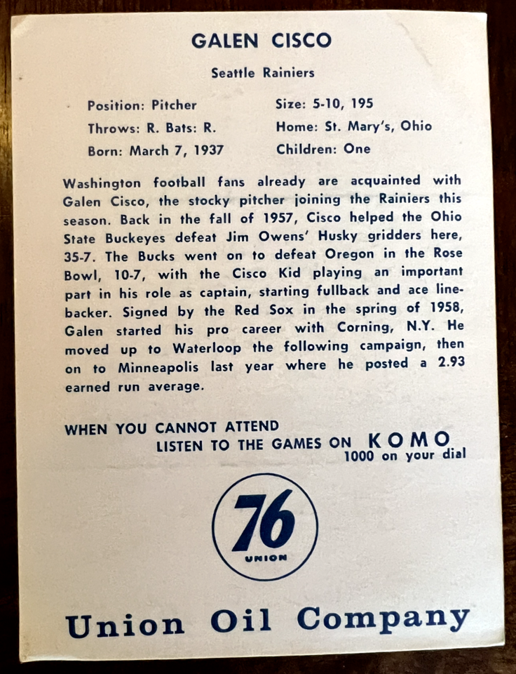 1961 UNION OIL CO. GALEN CISCO SEATTLE RAINERS BASEBALL AUTO. CARD | eBay