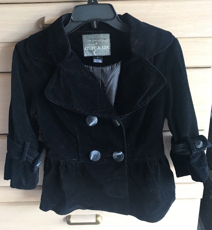 Mac & Jac 3/4 Sleeve Double Breasted Black Velvet Ruffles Blazer Jacket ...