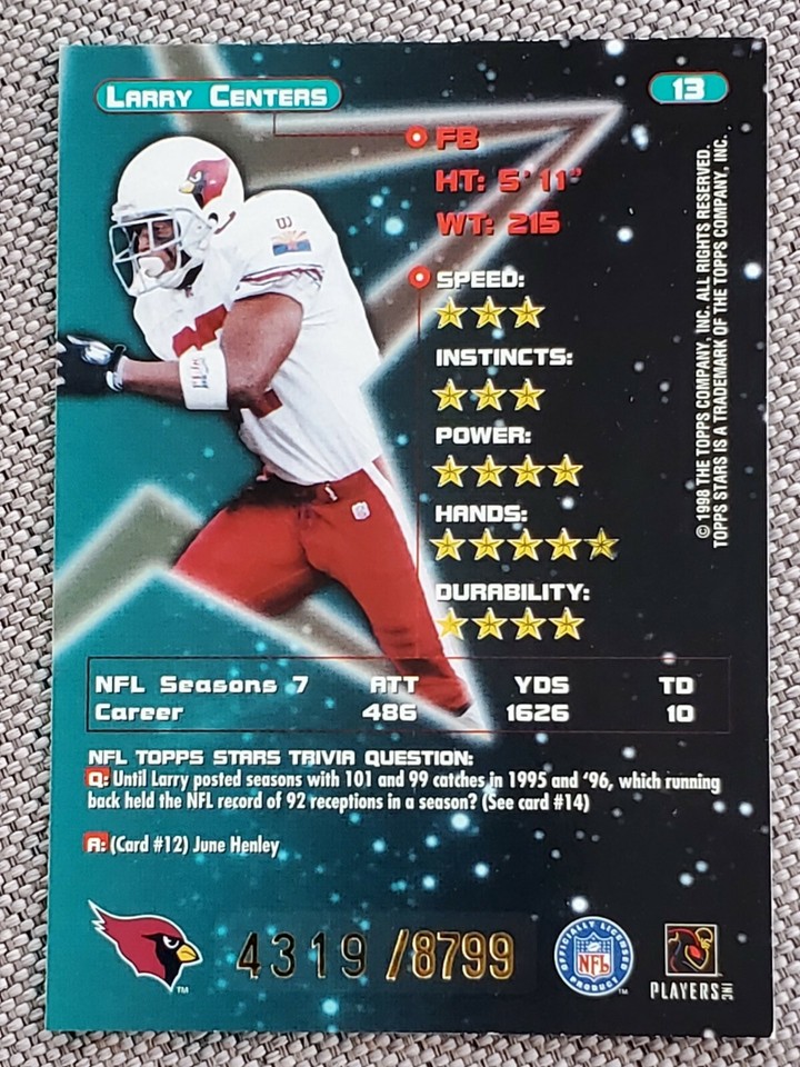 LARRY CENTERS 1998 Topps NFL Stars Bronze #ED /8799 Football Card #13 ...