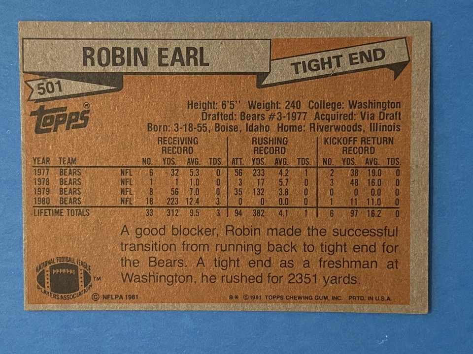 ROBIN EARL Hand Signed 1981 Topps #501 Bears Washington Huskies ...