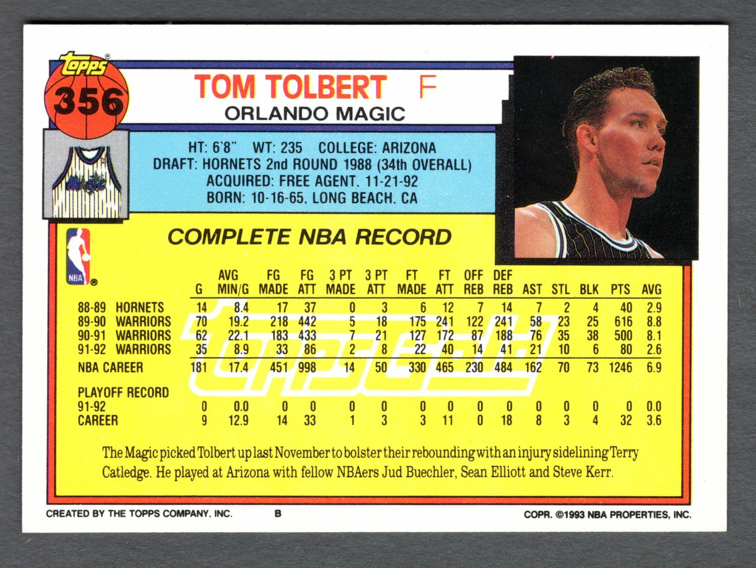 1992-93 Topps - Gold #356 Tom Tolbert for sale online | eBay