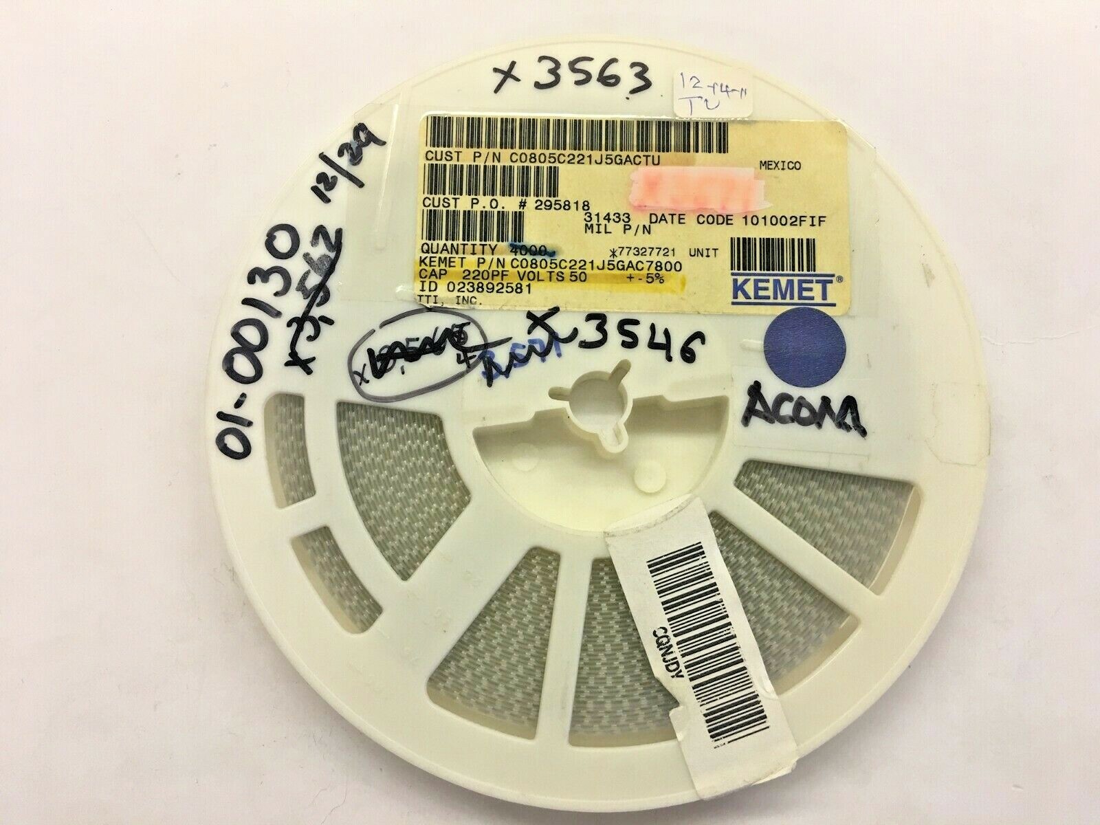 (3,563 PIECE REEL) C0805C221J5GACTU, KEMET, CAP CER 220PF 50V 5% NP0 ...